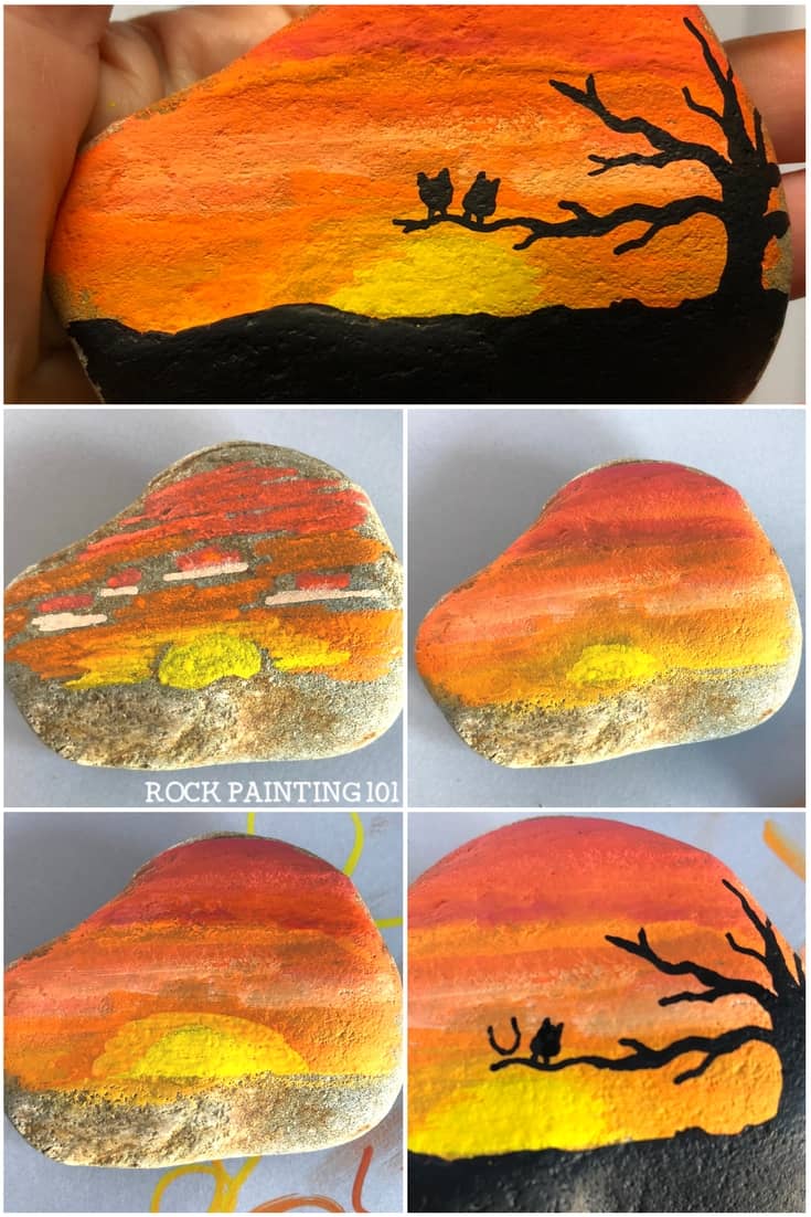 Sunset Rock ~ Blending paints to create a sunset on a rock