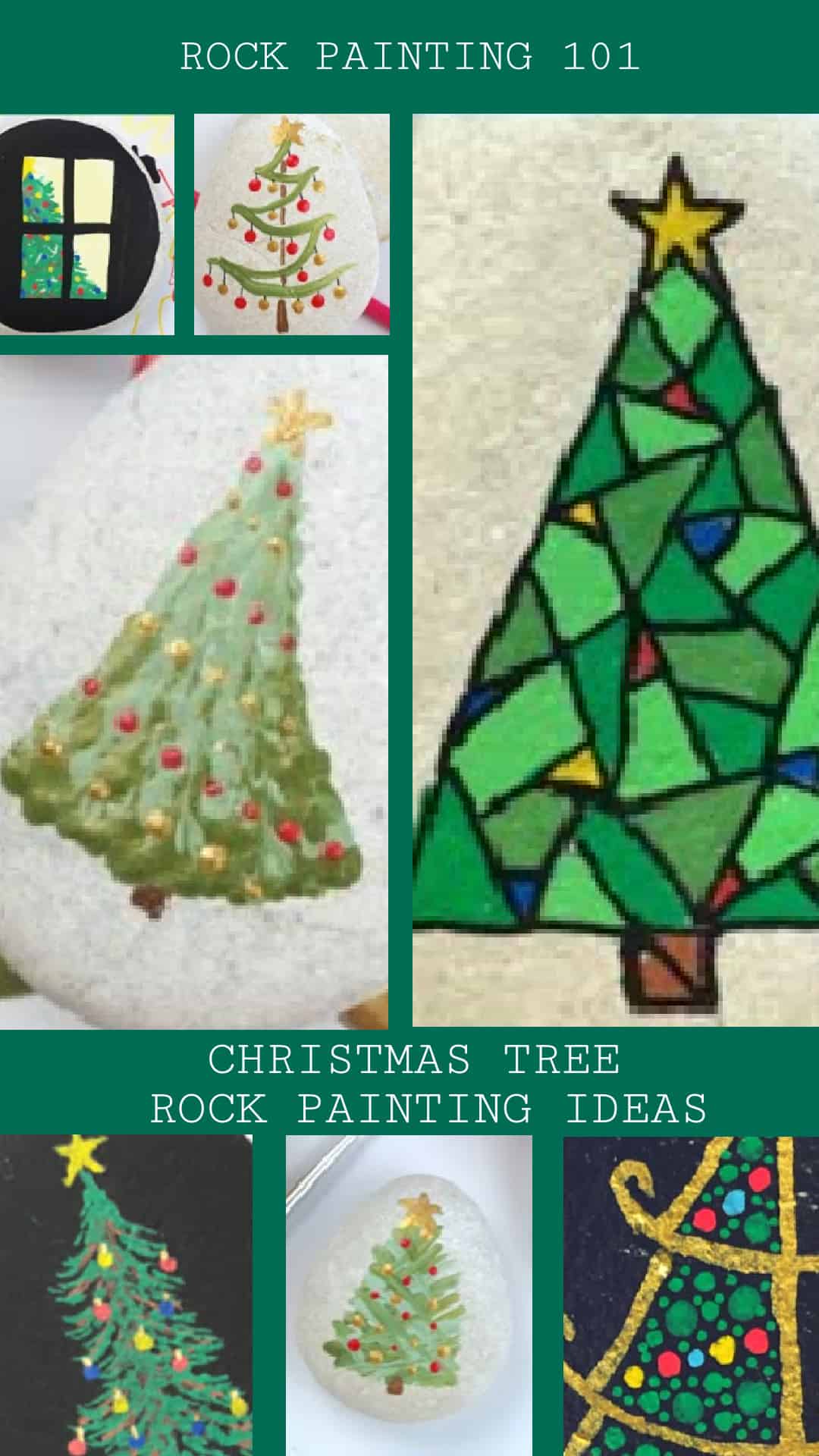 9 Christmas trees painted on rocks - Rock Painting 101